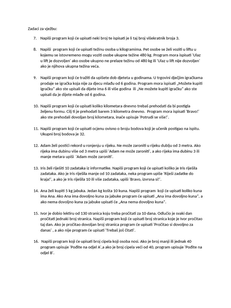 Informatika Zadaci Za Vjezbu Python | PDF