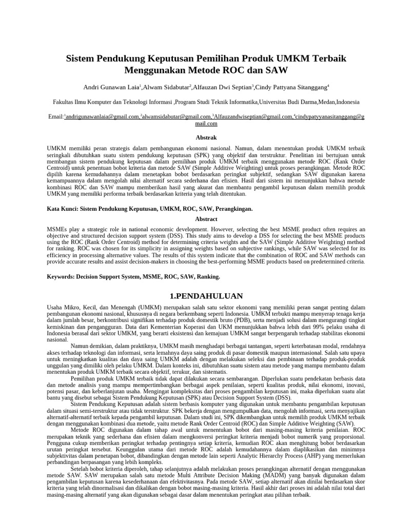 Sistem Pendukung Keputusan Pemilihan Produk UMKM Terbaik Menggunakan Metode ROC Dan SAW-2 | PDF