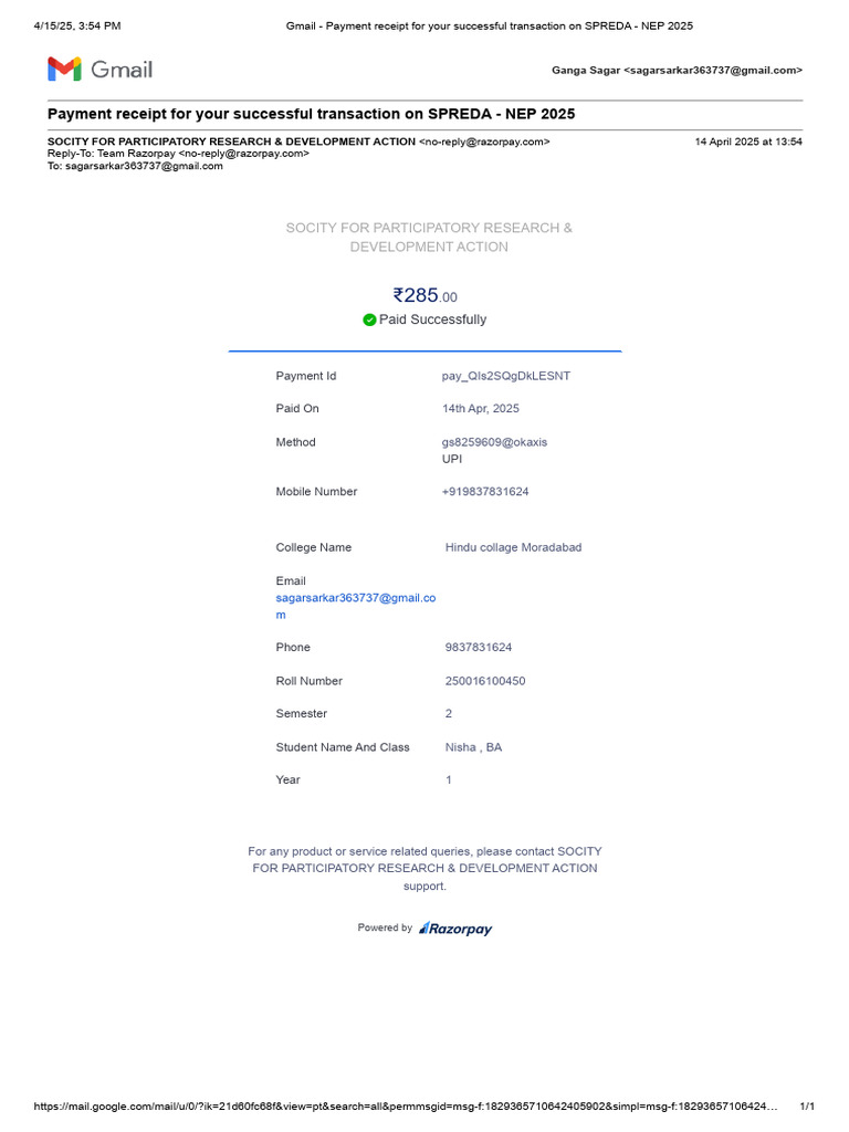 Gmail - Payment receipt for your successful transaction on SPREDA - NEP 2025 | PDF