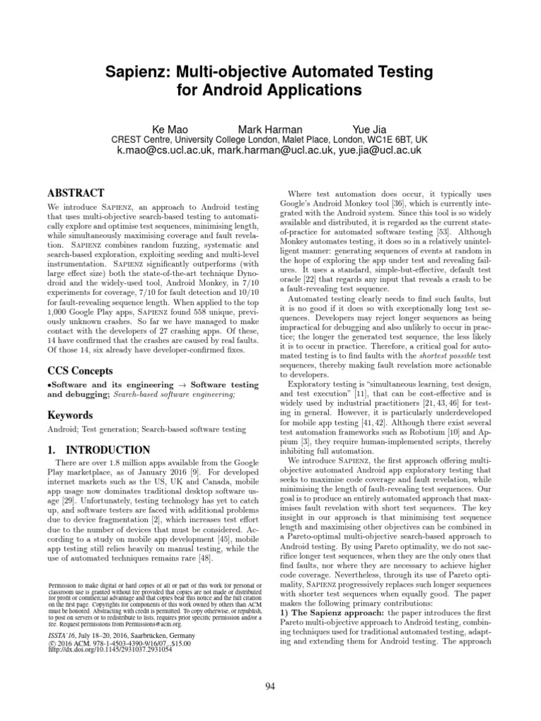Sapienz: Multi-objective Automated Testing for Android Applications ...