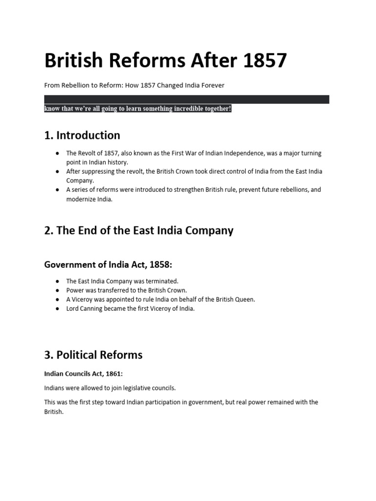 British Reforms After 1857 | PDF | British Raj | Indian Rebellion Of 1857