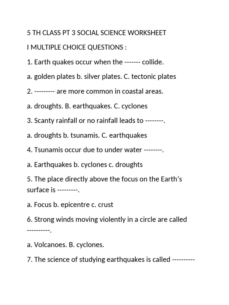 5 TH Class PT 3 Social Science Worksheet | PDF | Earthquakes | Earth