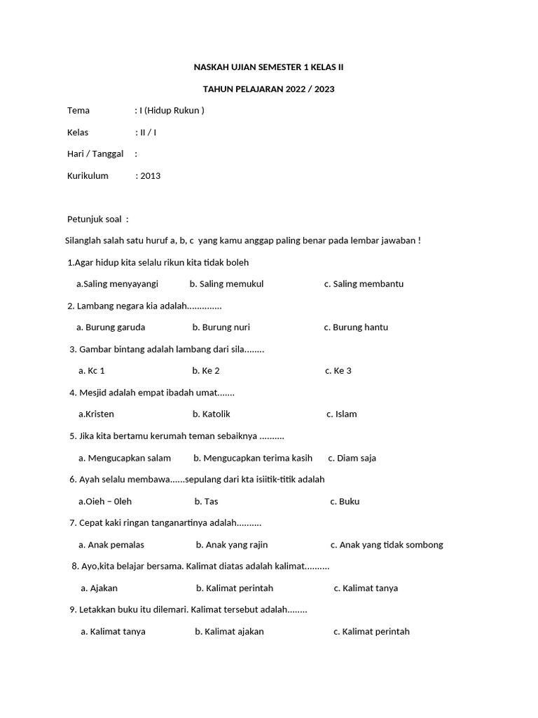 Naskah Ujian Semester 1 Kelas Ii | PDF