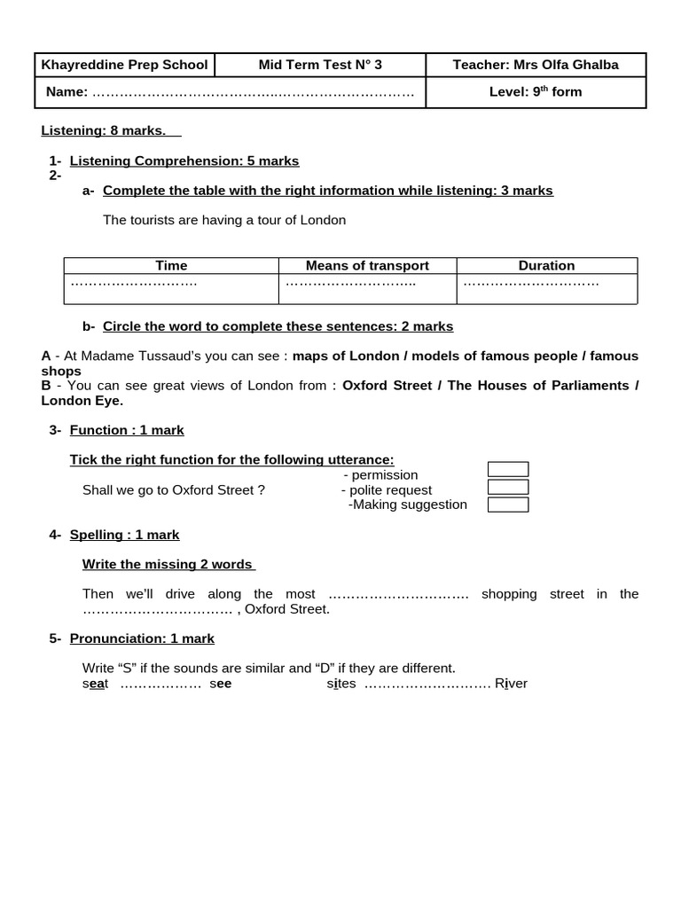 9th Form Mid Term Listening Test | PDF