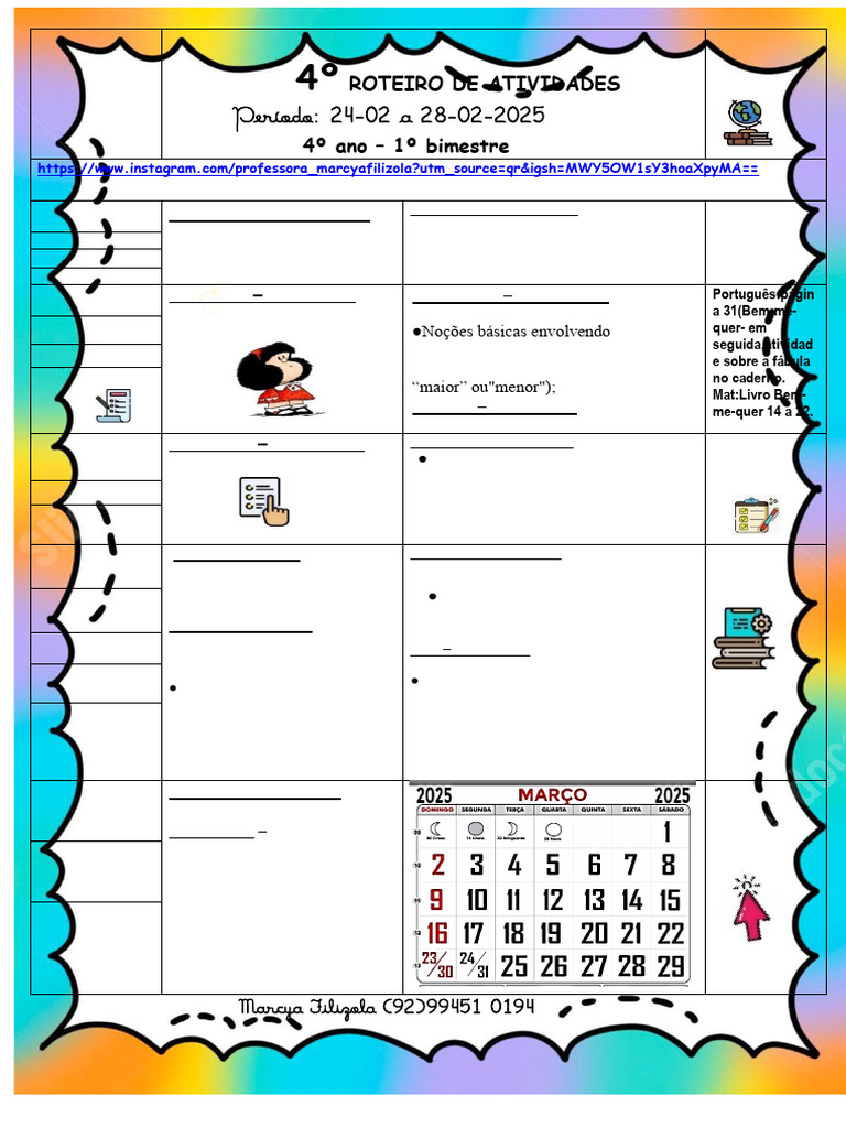 4º Ano 4º Roteiro Semanal de 24 02 A 28 02 2025 Marcya Filizola | PDF ...