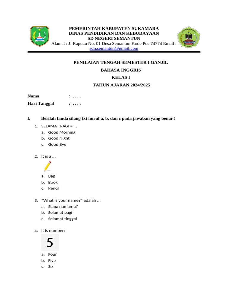 UTS BING Kelas 1 | PDF
