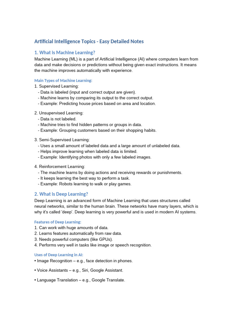 AI Detailed Easy Notes All Topics | PDF | Deep Learning | Machine Learning