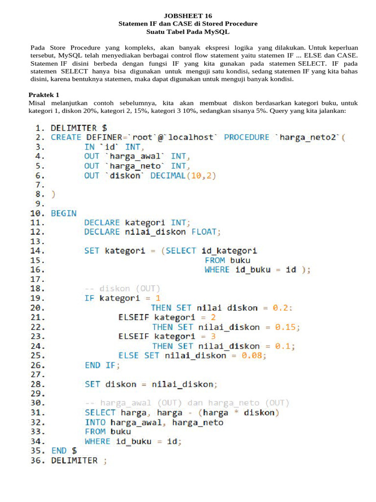Jobsheet 16 - Statemen IF dan CASE Pada Stored Procedure | PDF