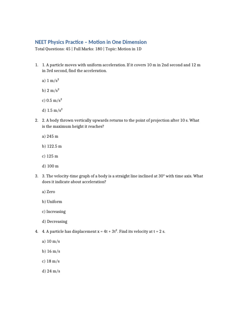 NEET Physics: 1D Motion Practice | PDF | Acceleration | Velocity