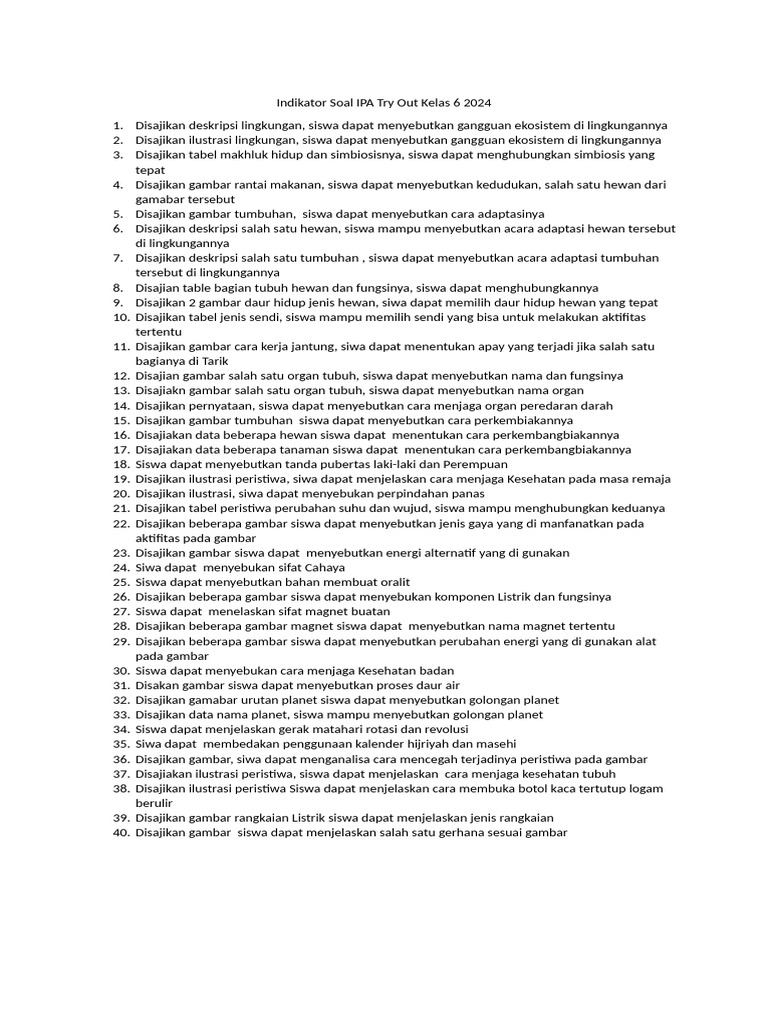 Indikator Soal IPA Kelas 6 2024 | PDF