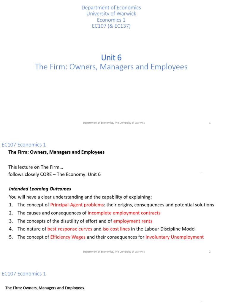 EC107 CORE Lecture 6 Unit 6 | PDF | Labour Economics | Employment