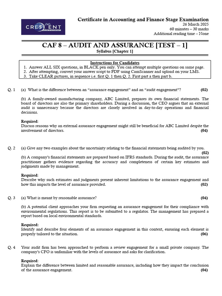 CAF 8 Audit and Assurance Exam Guide | PDF | Audit | Internal Control
