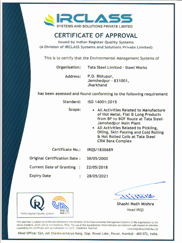 Tata Steel Steel Works 14001 Certificate | PDF