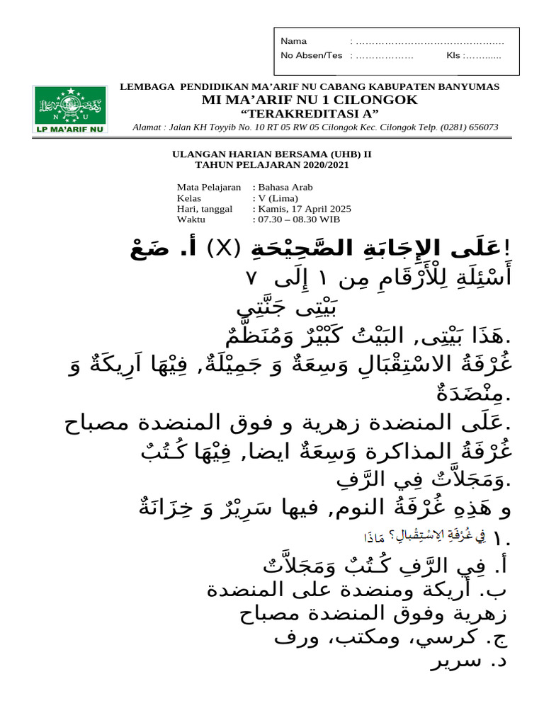 5. BAHASA ARAB KELAS 5 UHB 2_PTS 2_ TP 2024_2025 | PDF