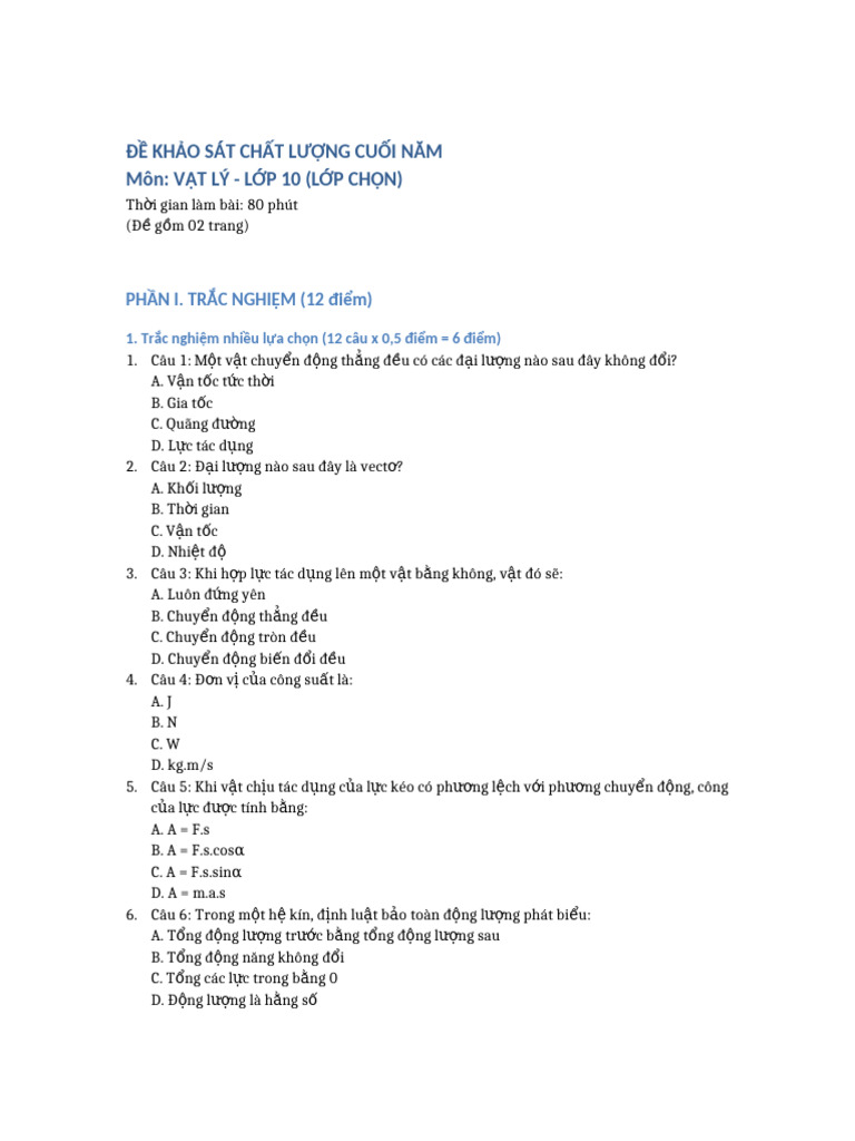 De Khao Sat Vat Ly 10 Lop Chon Hoc Sinh Gioi | PDF