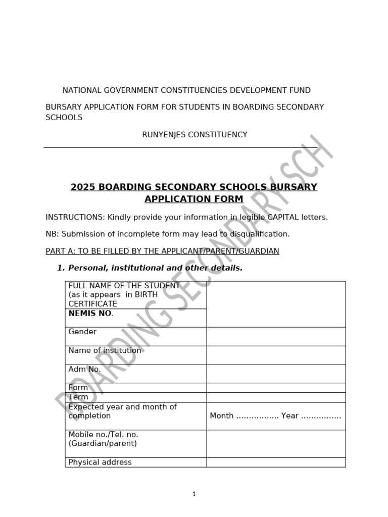 Boarding Secondary SCH Bursary Form 2025 | PDF