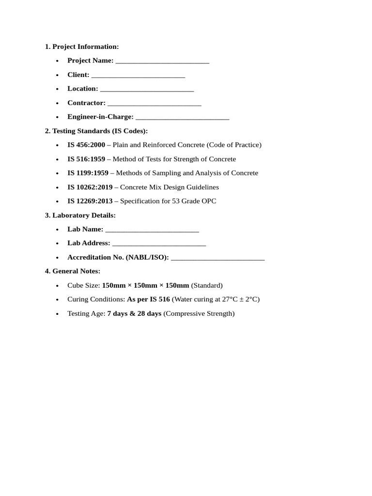 Concrete Cube Test Register Front Page | PDF