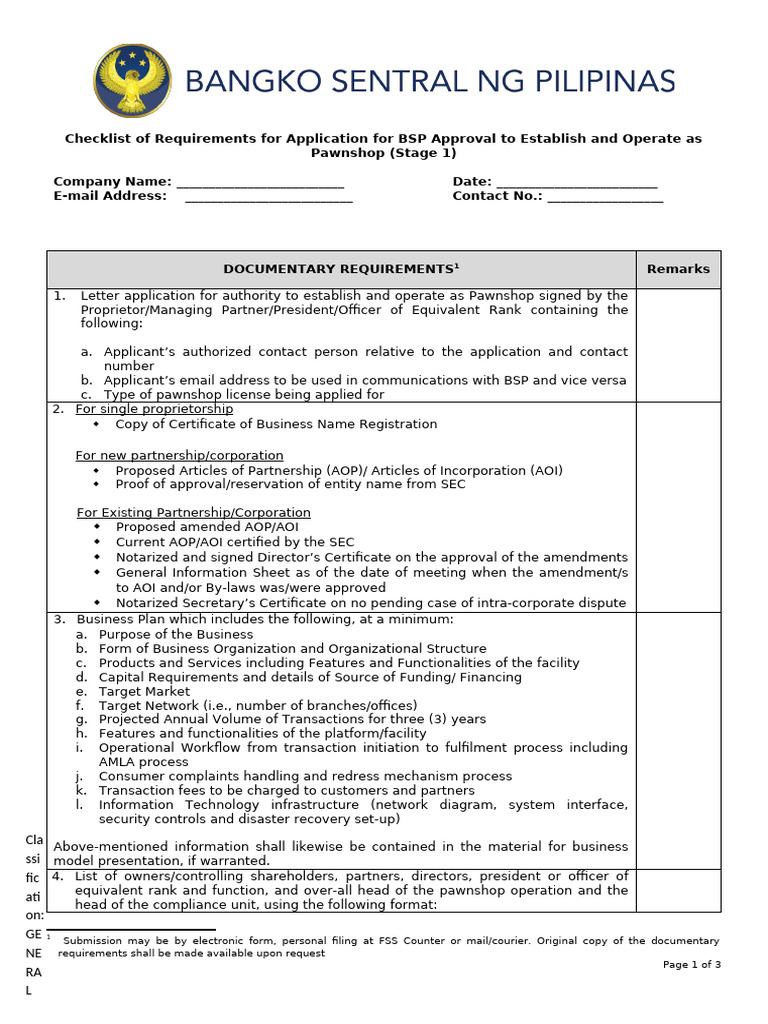 Annex A_Checklist of Requirements - Pawnshop (Stage 1) | PDF | Business ...