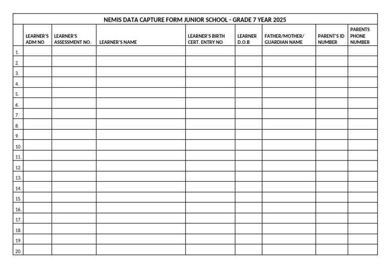 Nemis Data Capture Form Junior School Year 2025 | PDF