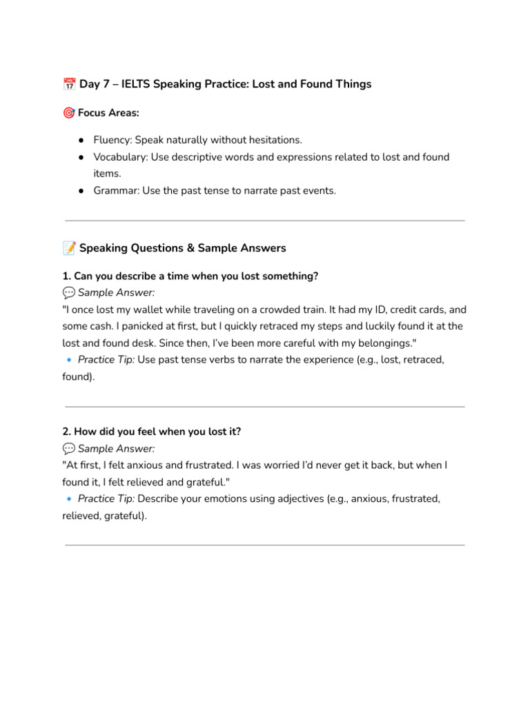 ? Day 7 - IELTS Speaking Practice - Lost and Found Things | PDF | Grammar | Linguistics