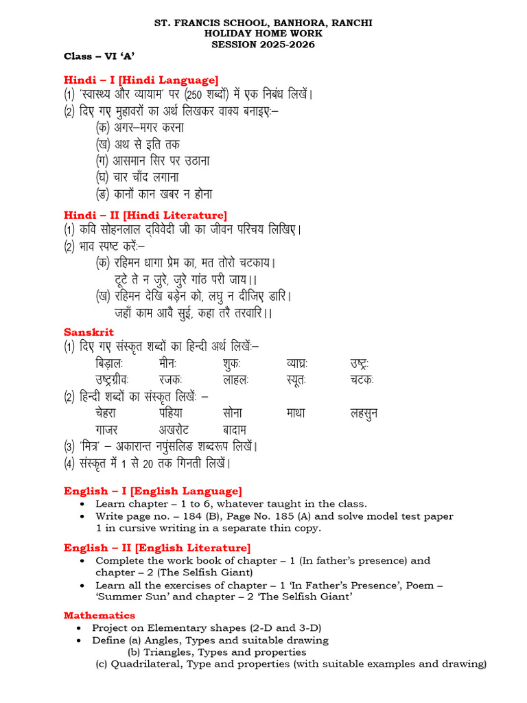 Holiday Homework Class VI A, B, C | PDF | Pronoun | Adverb