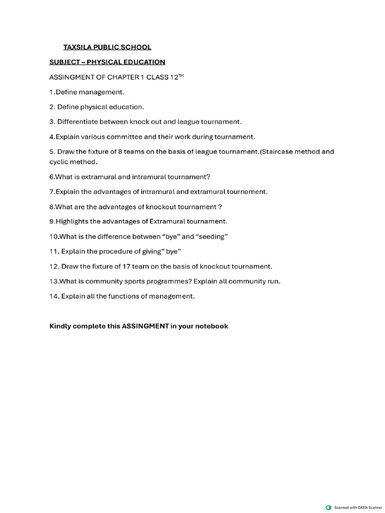 Class 12 Chapter 1 Assignment Physical Edu | PDF
