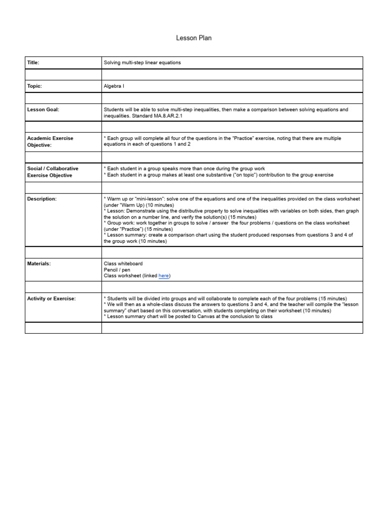 Lesson Plan_ Solving multi-step linear equations | PDF