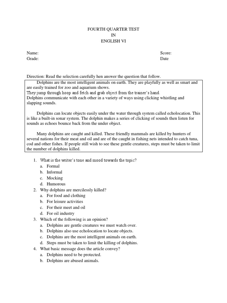 Fourth Quarter Test | Download Free PDF | Dolphin | Breads