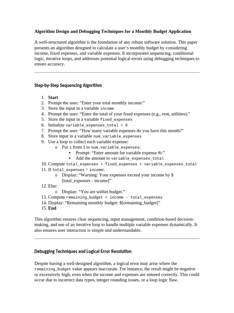 Monthly Budgeting Algorithm Assignment | PDF | Control Flow | Debugging