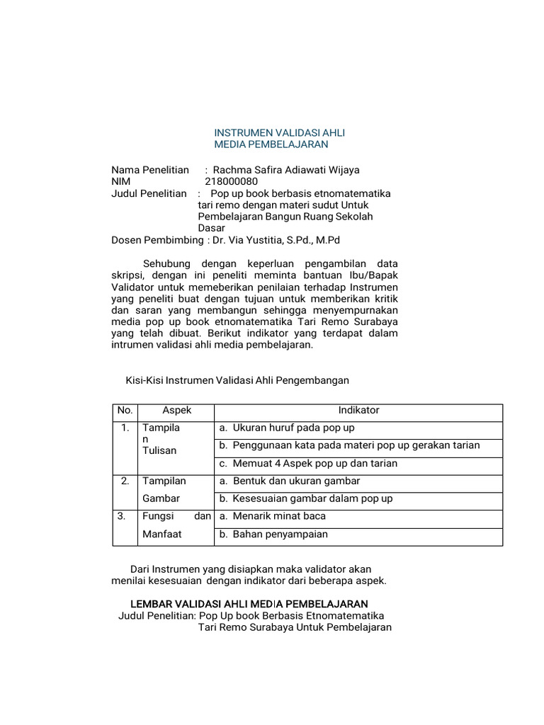 Kisi-Kisi Validasi Ahli Media Pembelajaran Pop-Up Book-1 2 | PDF
