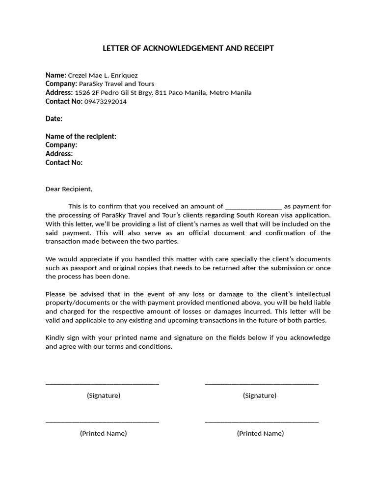Letter of Acknowledgement and Receipt | PDF
