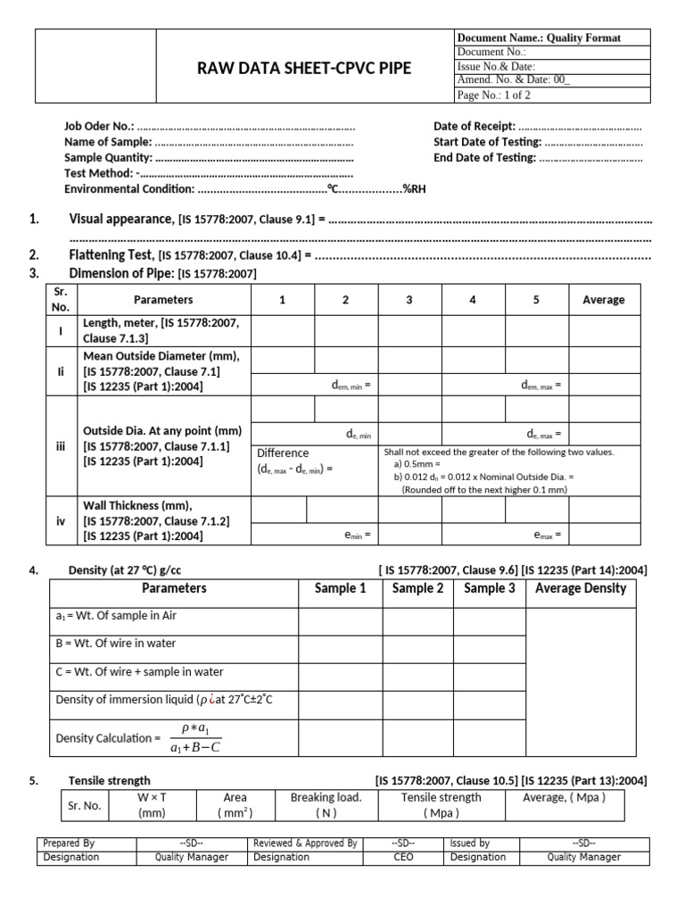 CPVC Pipe Quality Testing Data Sheet | PDF | Density | Continuum Mechanics