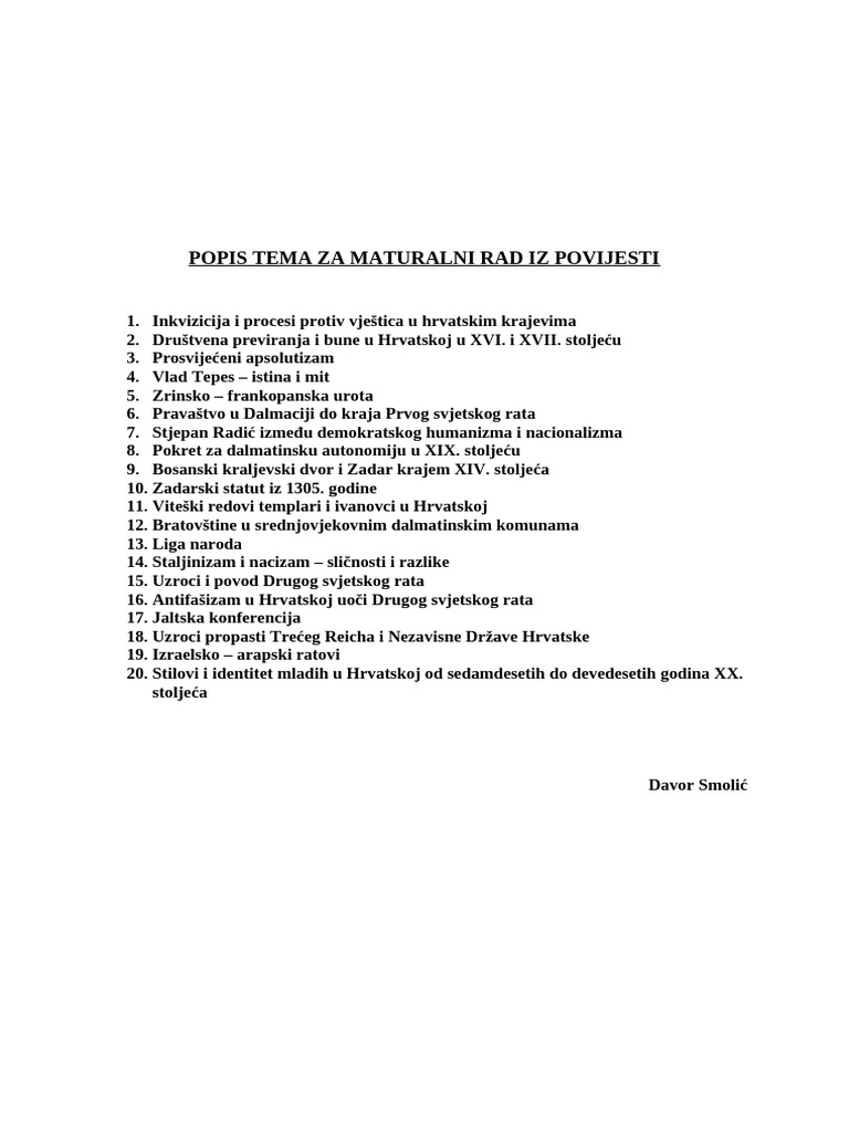 Popis Tema Za Maturalni Rad Iz Povijesti | PDF