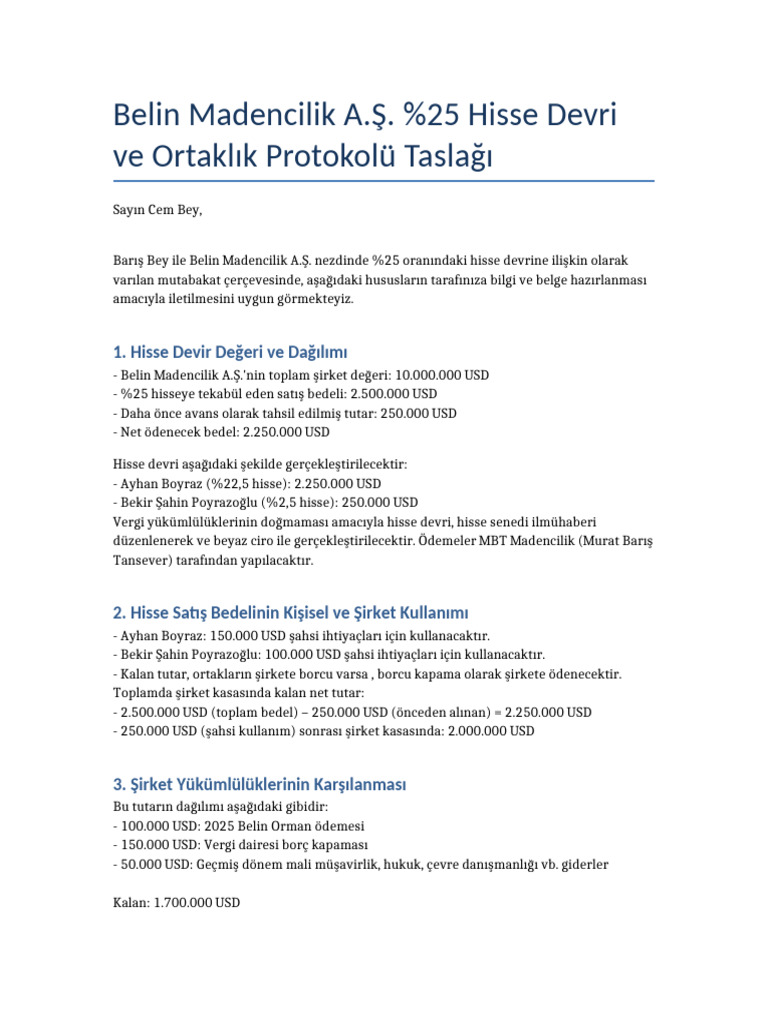 Belin Madencilik Hisse Devir Protokolu | PDF