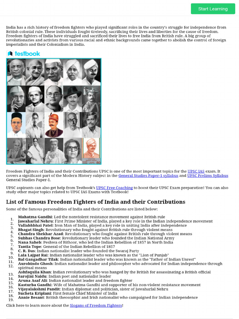 Freedom Fighters of India and Their Contributions (UPSC Notes) | PDF