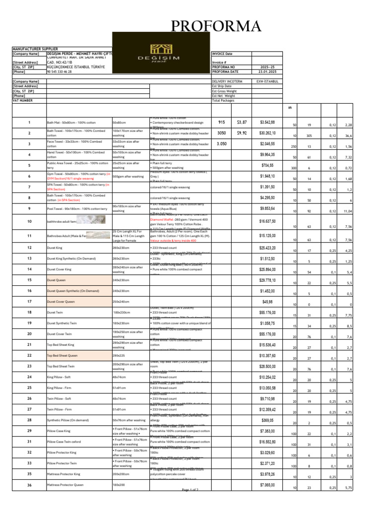PROFORMA -2025-01 değişim perde (1) | PDF | Bedding | Bed