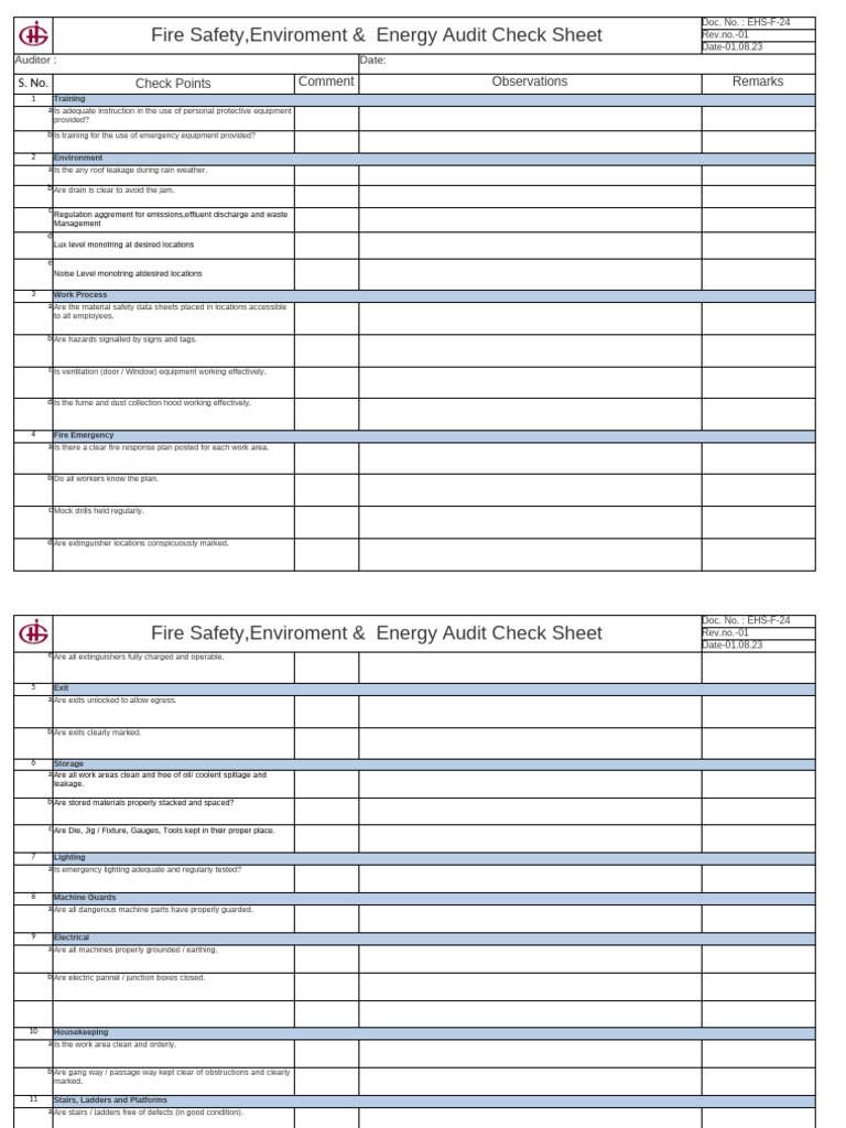 EHS-24 - Safety, Energy & Enviroment Audit Check Sheet | PDF | Fire ...
