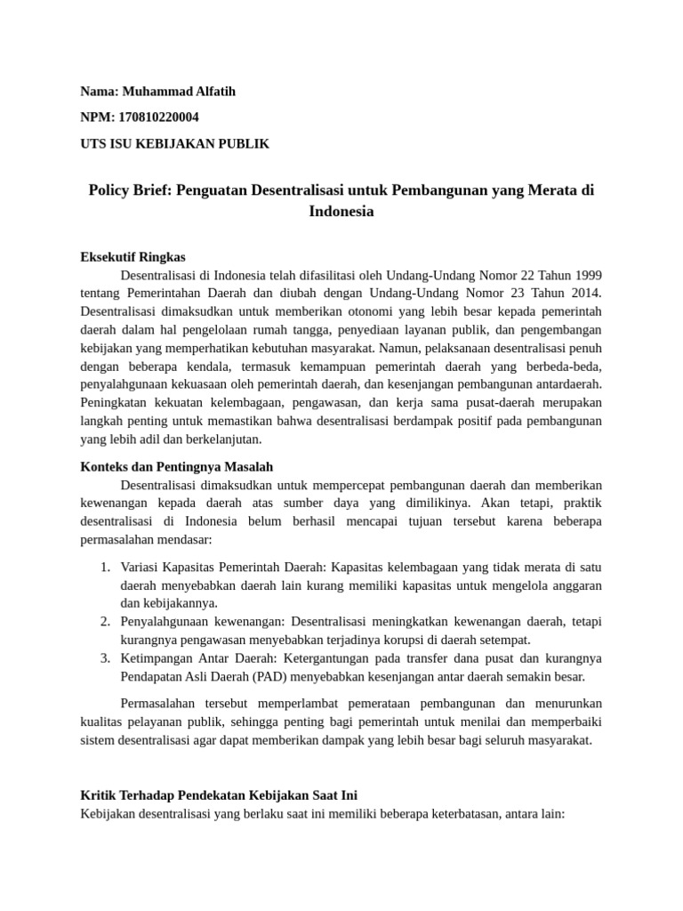 Penguatan Desentralisasi untuk Pembangunan Merata | PDF