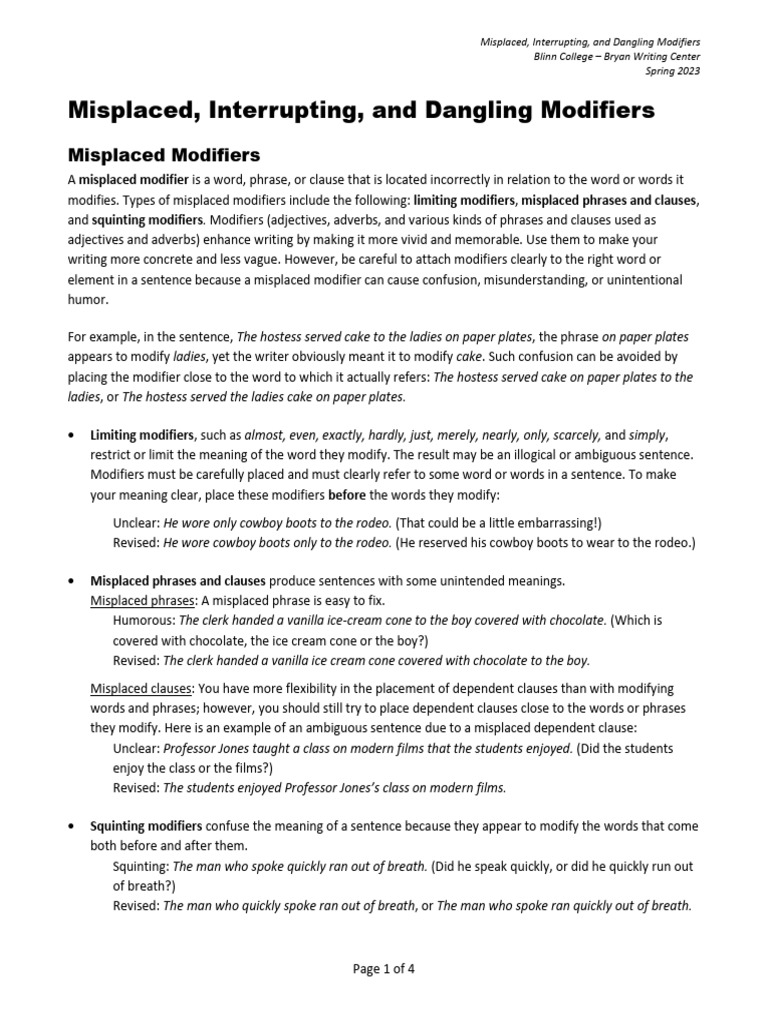 Misplaced Interrupting and Dangling Modifiers | PDF | Verb | Subject ...