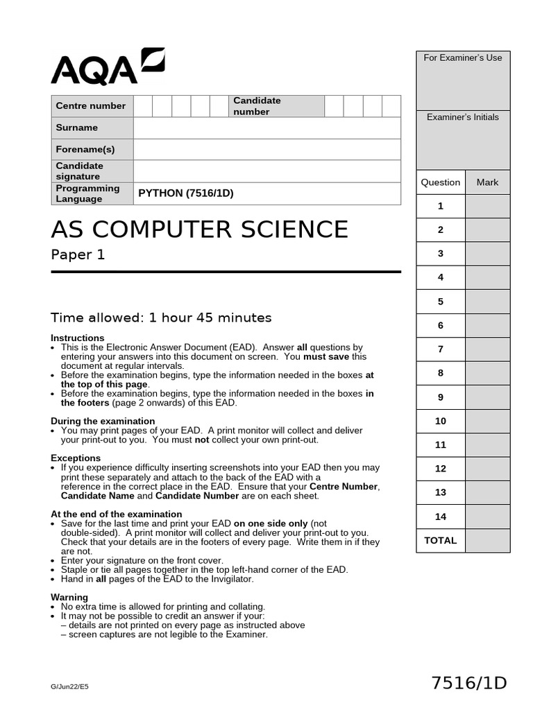 2022 Electronic Answer Document (EAD) 7516-1D Python-E5 | PDF | Computing