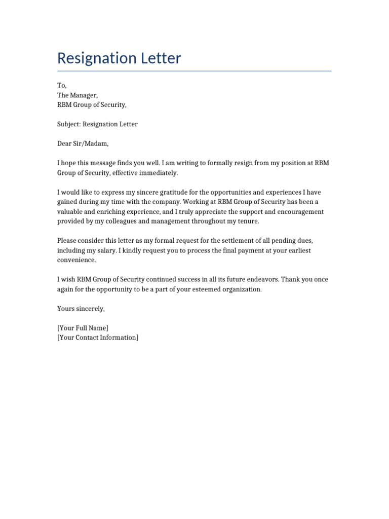 Resignation Letter RBM Group of Security | PDF