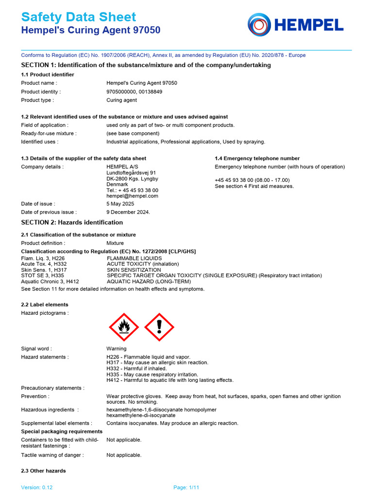 Hempel's Curing Agent 97050 Safety Data | PDF | Personal Protective ...