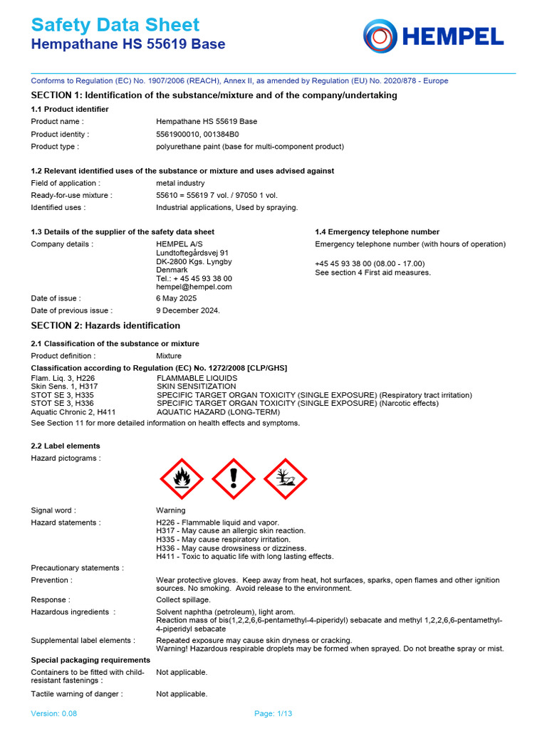 Hempathane HS 55619 Safety Data Sheet | PDF | Personal Protective Equipment