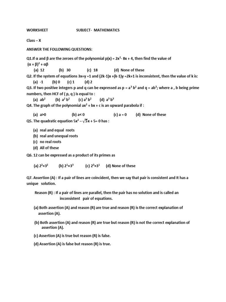 Class X Mathematics Worksheet | PDF | Quadratic Equation | Mathematical ...