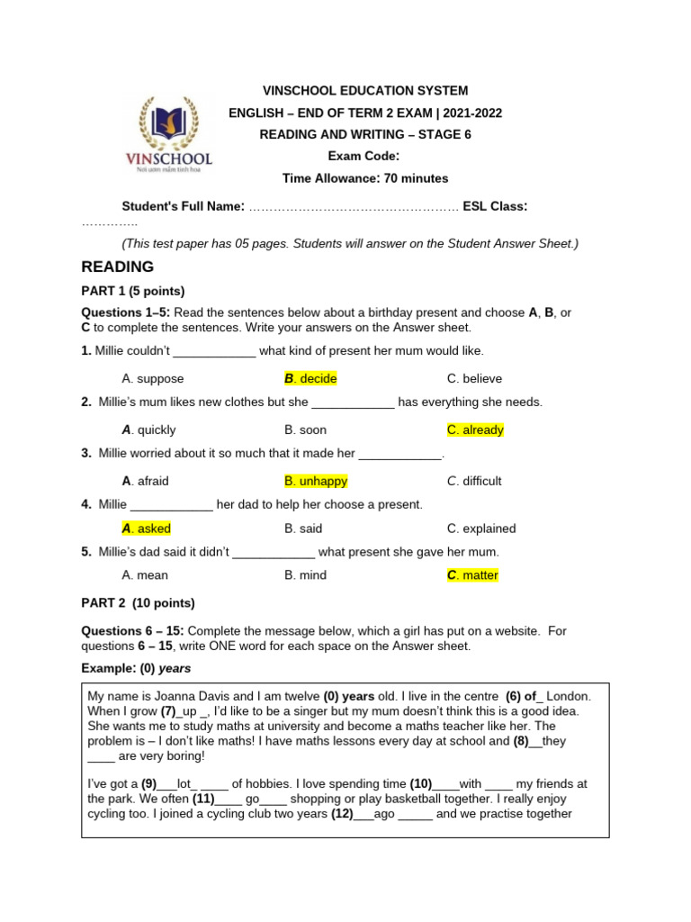 Stage 6 English Exam: Reading & Writing | PDF