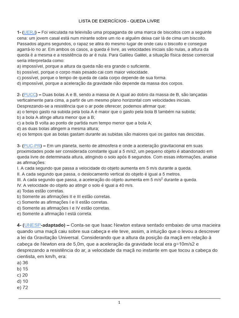 Exercícios sobre Queda Livre e Gravidade | PDF | Gravidade | Massa
