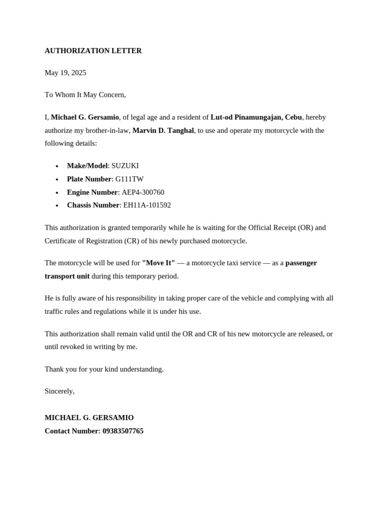 Temporary Motorcycle Authorization Letter | PDF