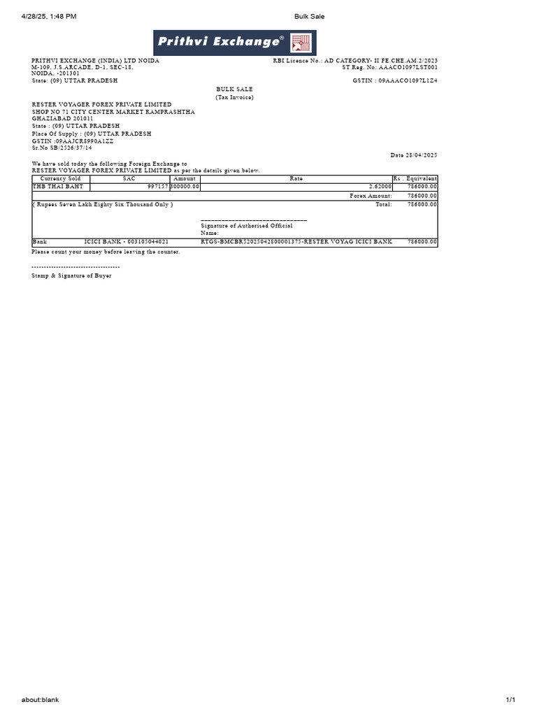 Forex Bulk Sale Invoice Details | PDF