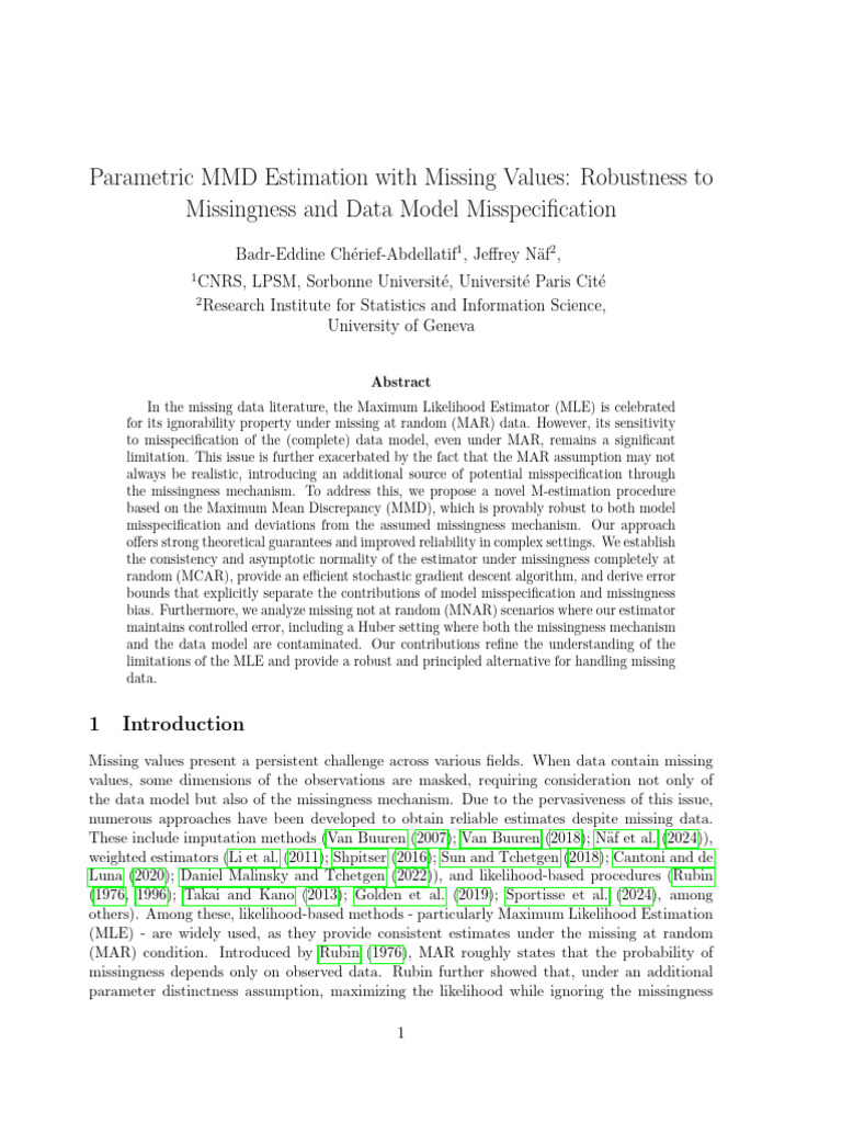Parametric MMD Estimation With Missing Values- Robustness to Missingness and Data Model ...