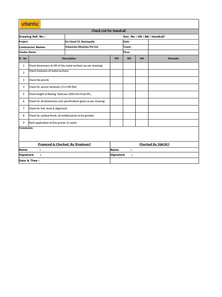 Check List For Handrail | PDF
